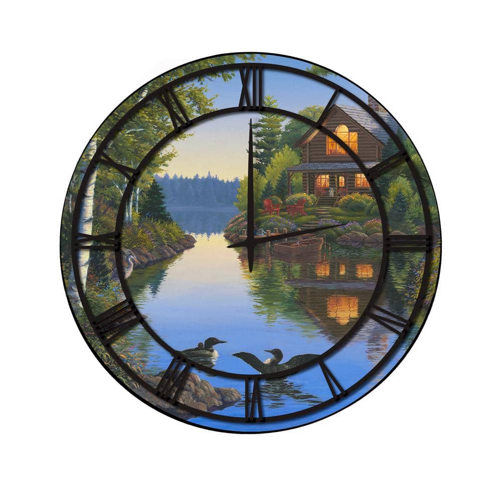 "Lake Cabin" Full Coverage Art and Black Numbers Imaged Wall Clock CL ...