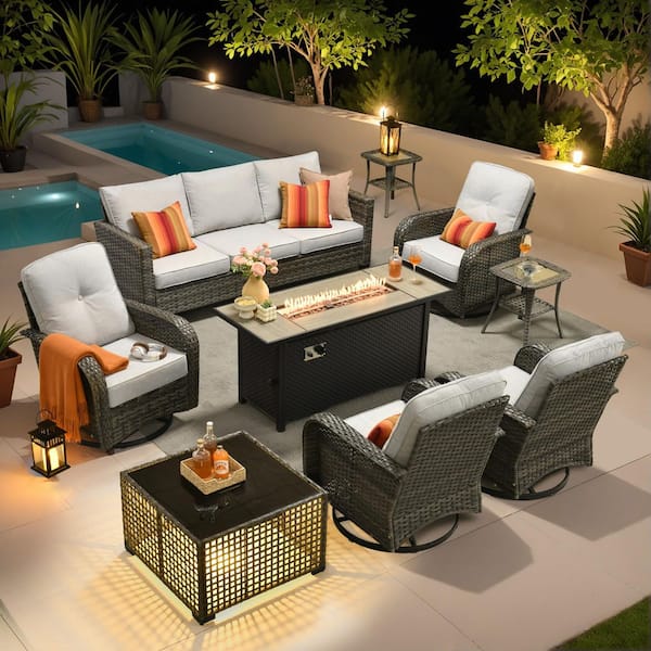 weaxty W Lotus Gray 9-Piece Wicker Patio Fire Pit Conversation Sofa Set ...