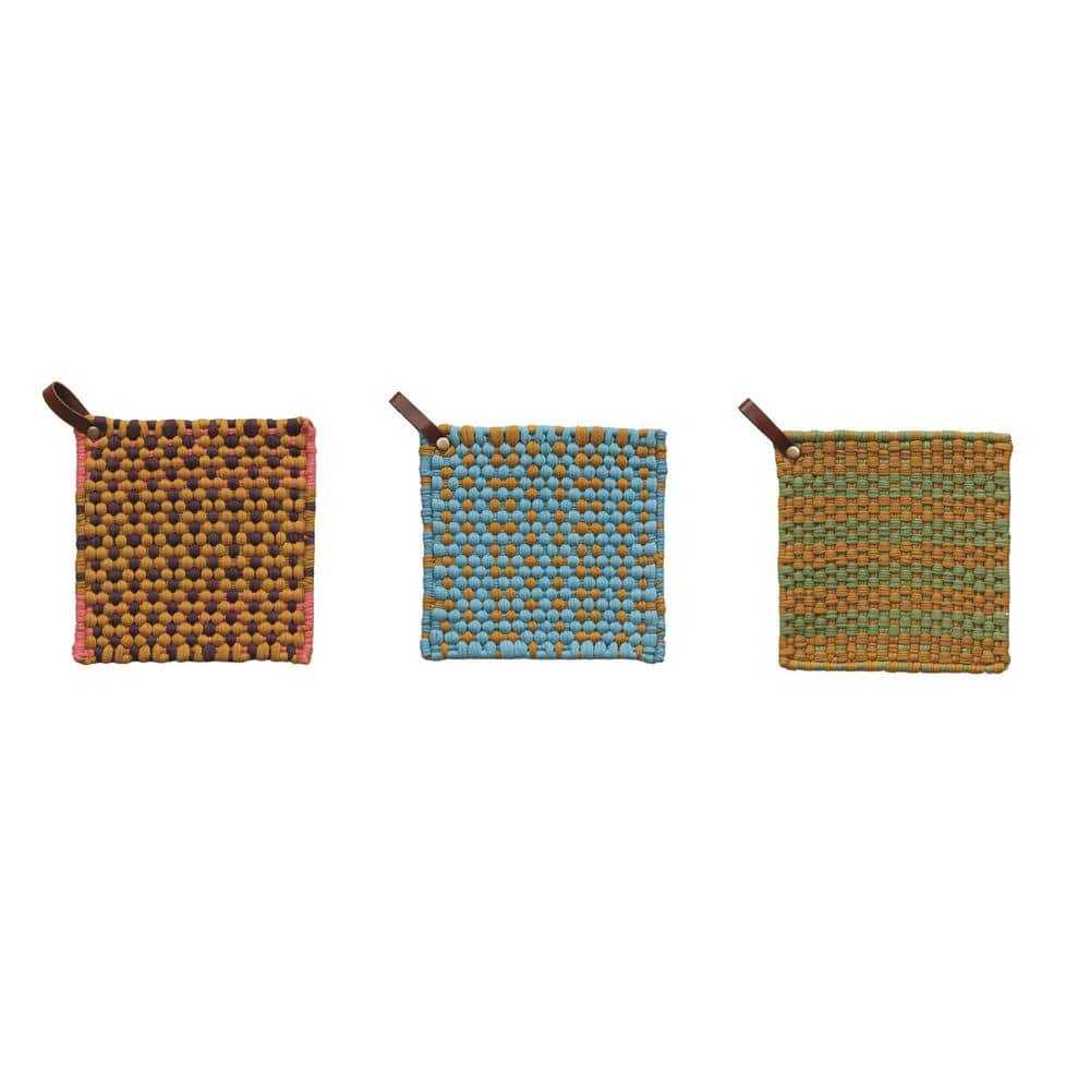 Storied Home Cotton Multi-Tonal Crocheted Pot Holder with Leather Loop ...