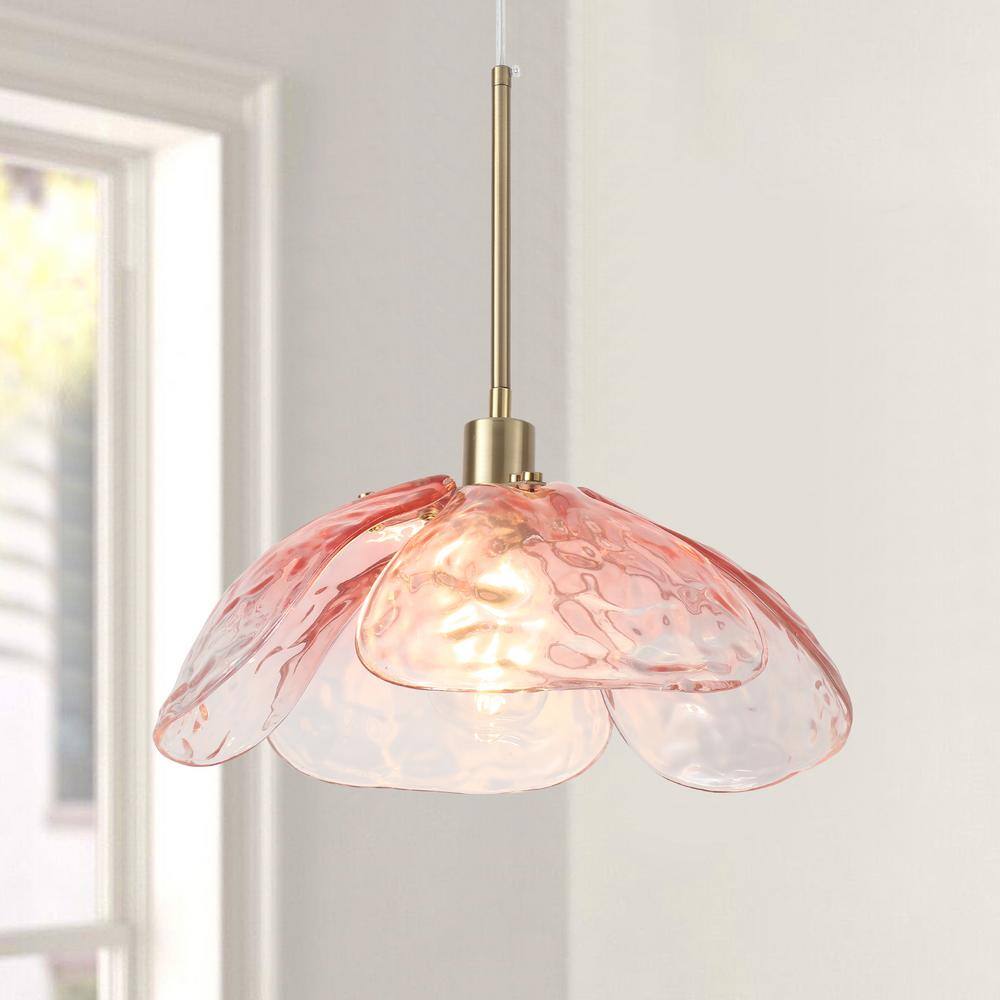 LWYTJO 60-Watt 1-Light Pink Pendant Light with 4 Leaves Glass Shade, No ...