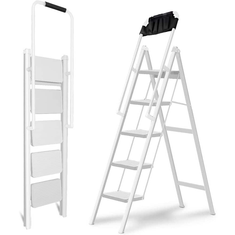 KIWDZFU 5 Step Folding Step Ladder with Handrails and Tool Bag, Anti ...