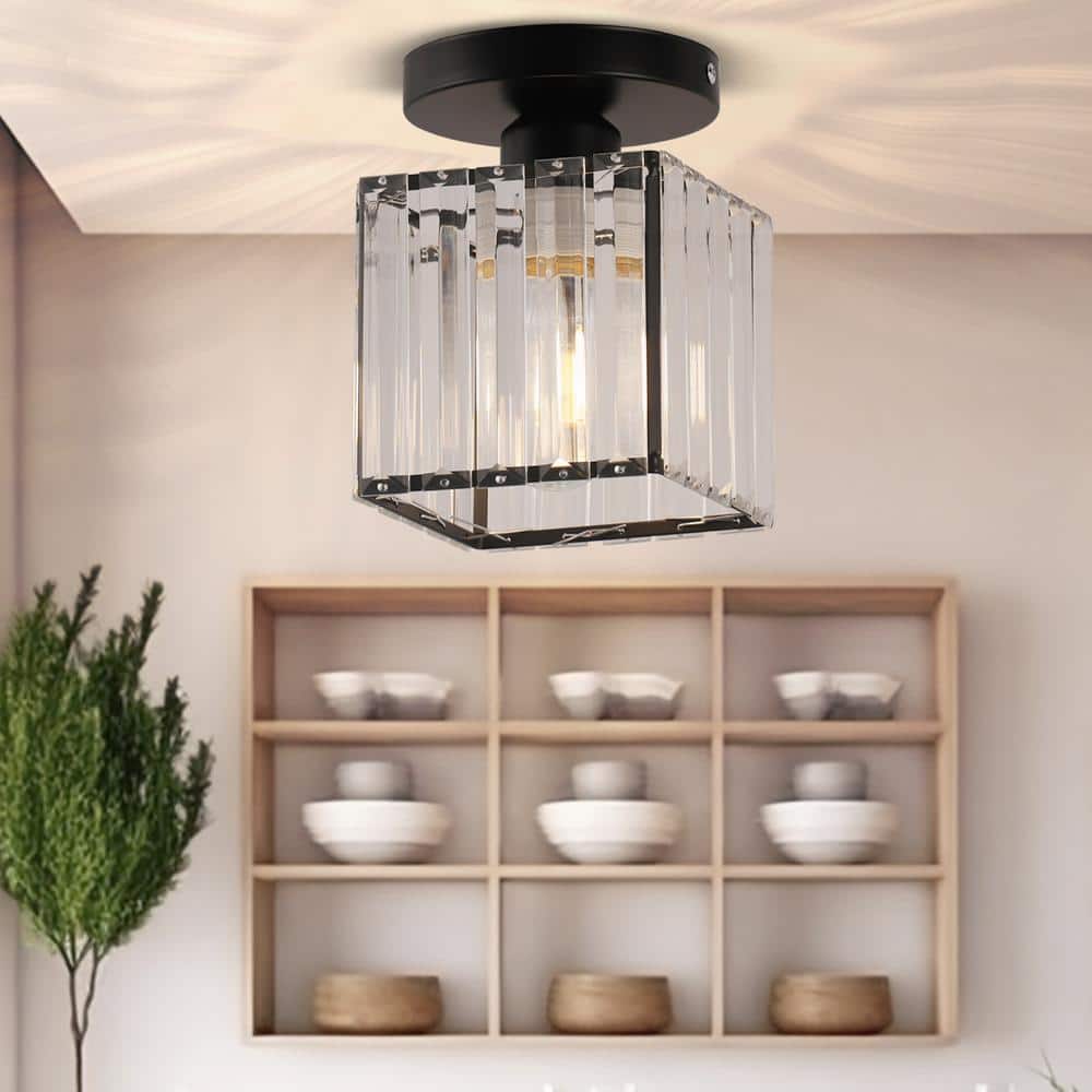 YANSUN 5.5 in.1-Light Black Square Crystal Semi Flush Mount Ceiling ...