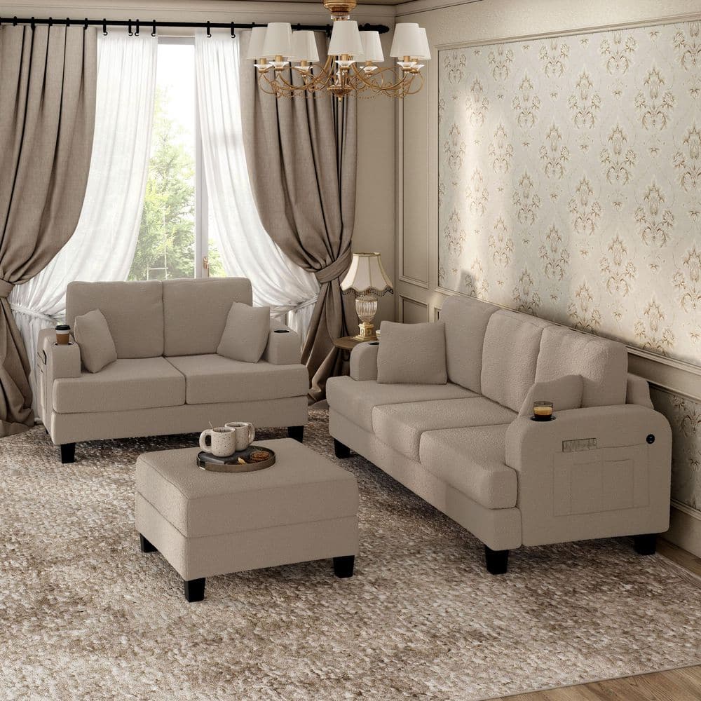 Furniture of America Colby 3-Piece Beige Boucle Fabric Small Space ...