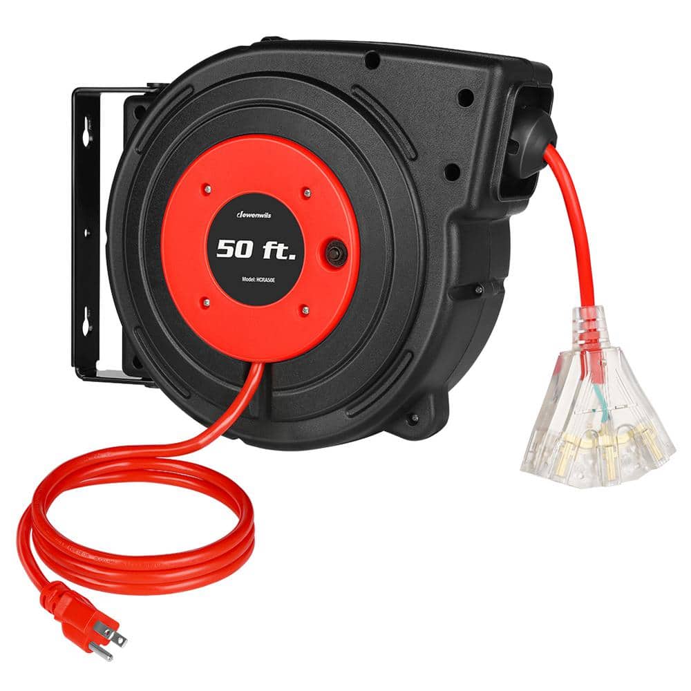 DEWENWILS 50 ft. 14/3 SJTOW 13 Amp Retractable Extension Cord Reel with 3-Lighted Triple Outlets ...