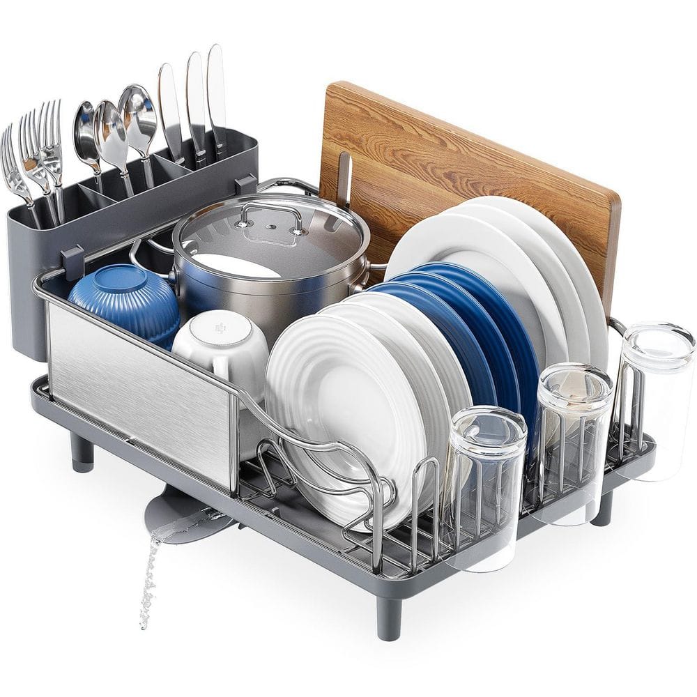 Wudkey Stainless Steel Gray Dish Drying Rack with Drain Board, Utensil ...