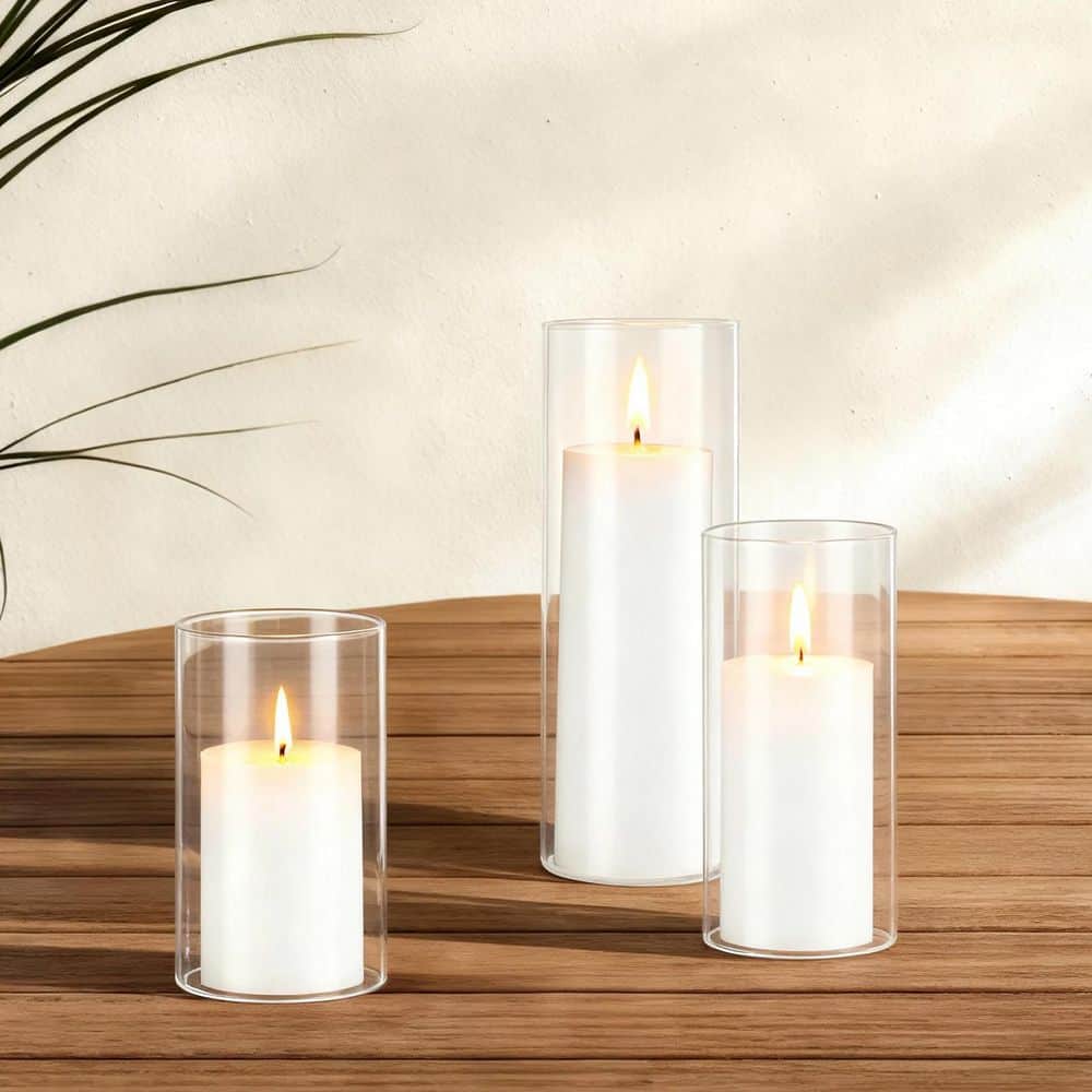 SKYSHALO Pillar Candles and Glass Vases, Clear Cylinder Hurricane ...