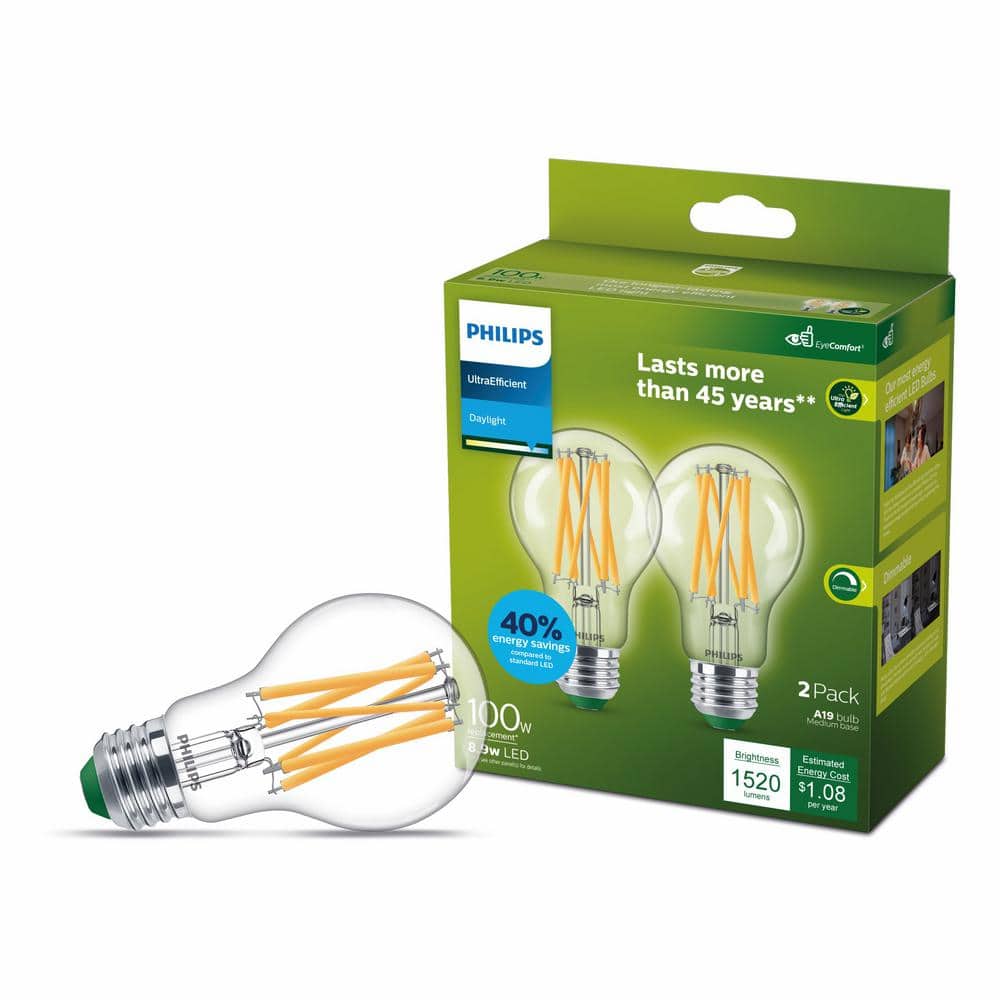 Philips 60-Watt Equivalent A19 Ultra Efficient LED Light Bulb 2700K (2 ...