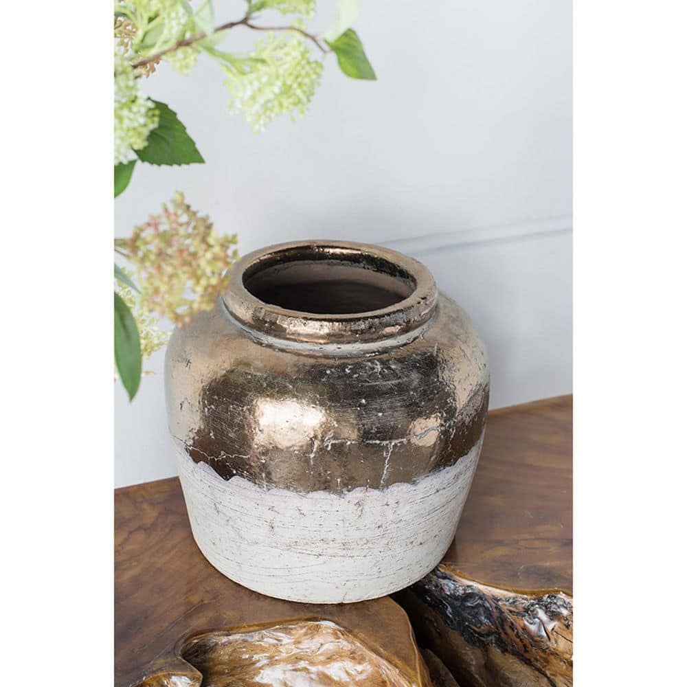 11 in. Brown and Antique White Ceramic Round Decorative Accent Vase ...