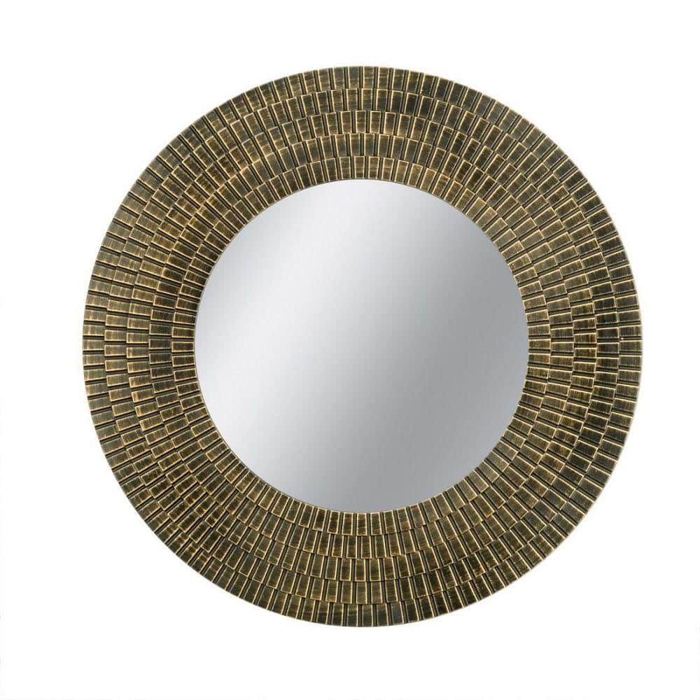 OPICUTE D29.5 in. Round Gold And Black Wooden Accent Mirror with Woven ...