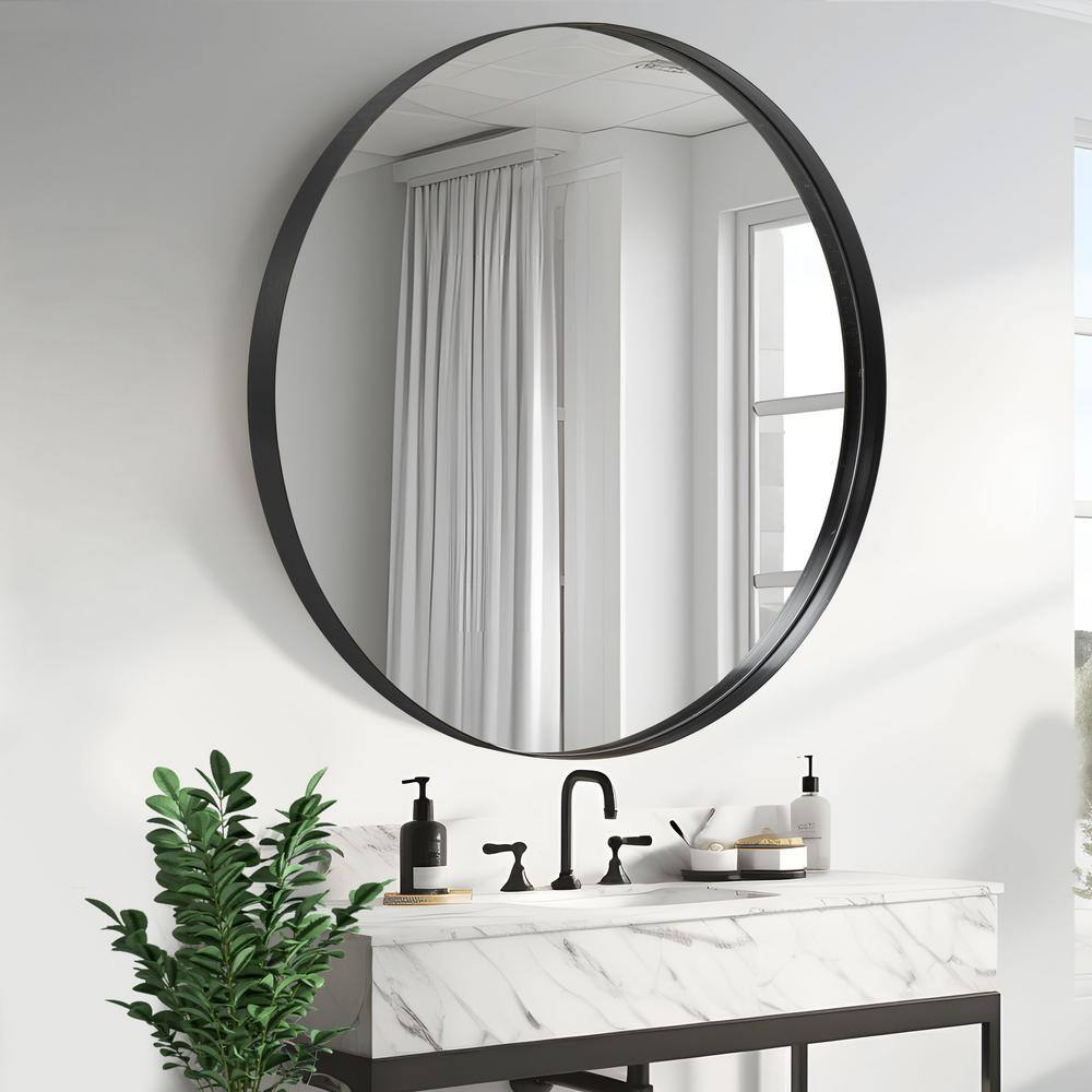 35 in. W. x 35 in. H Deep Framed Metal Round Mirror in Black HD-TJS348 ...