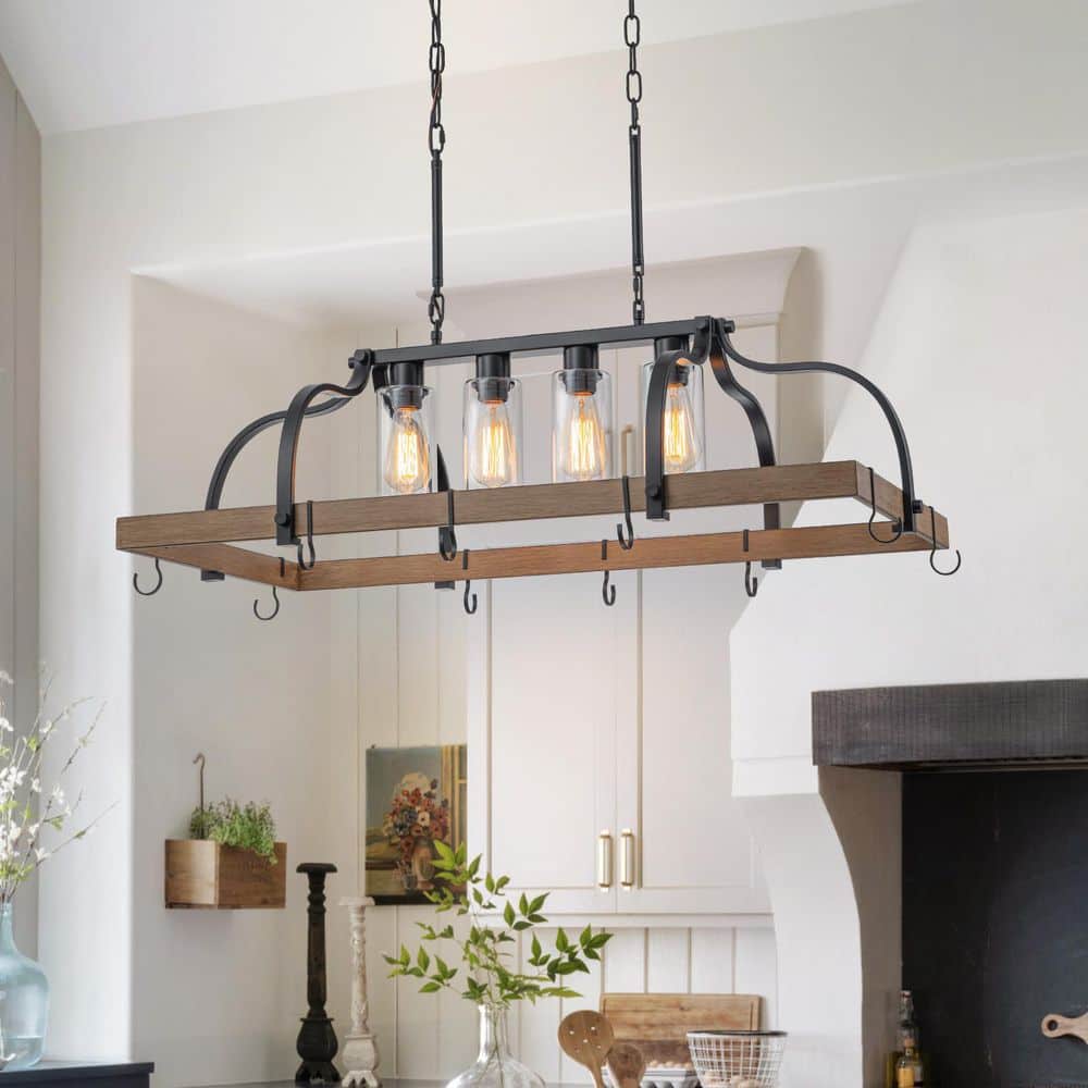 EDISLIVE Noah 4-Light Wood Finish Pot Rack Chandelier Farmhouse Kitchen ...