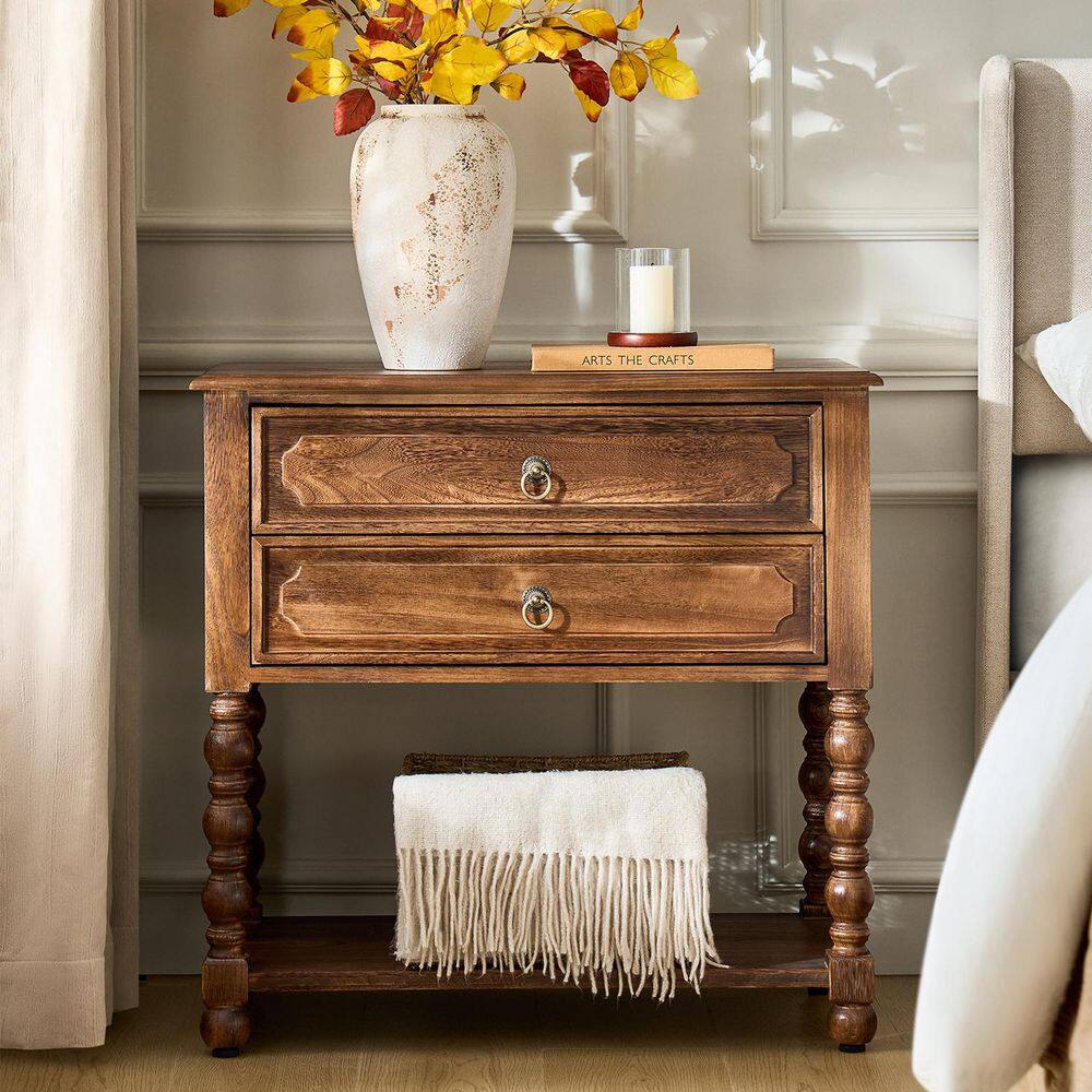 JAYDEN CREATION June 30 in. Walnut Square Wood End Table with Built-in ...