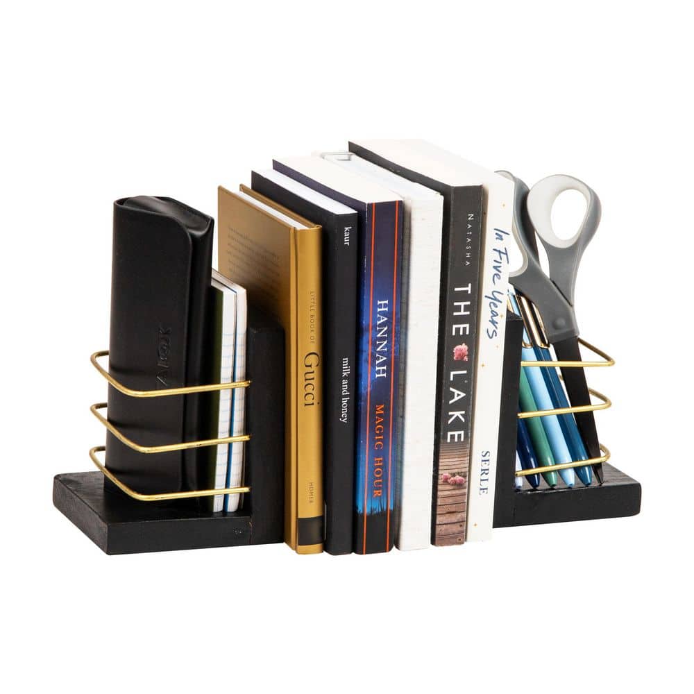 Mind Reader Black and Gold Decorative Basket Bookends Office Decor with ...