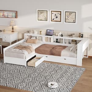 Qualler Natural Brown Wood Frame Twin Size L-shaped Platform Bed with ...
