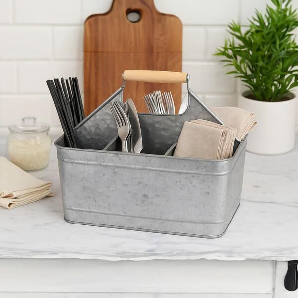 Benjara Spacious Metal 1-Piece Gray Carry-All Serve Ware with Wooden ...