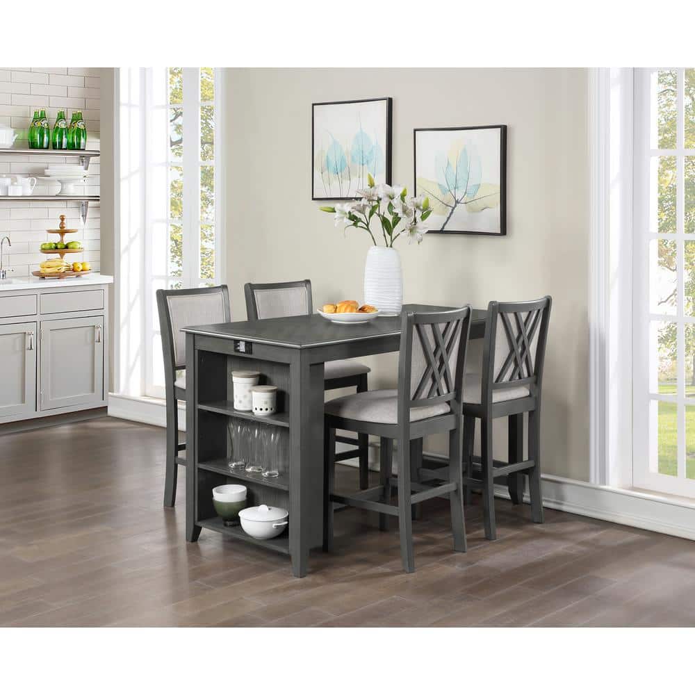 New Classic Furniture Amy 5 Piece Counter Dining Set Table with Storage 4 Chairs Gray