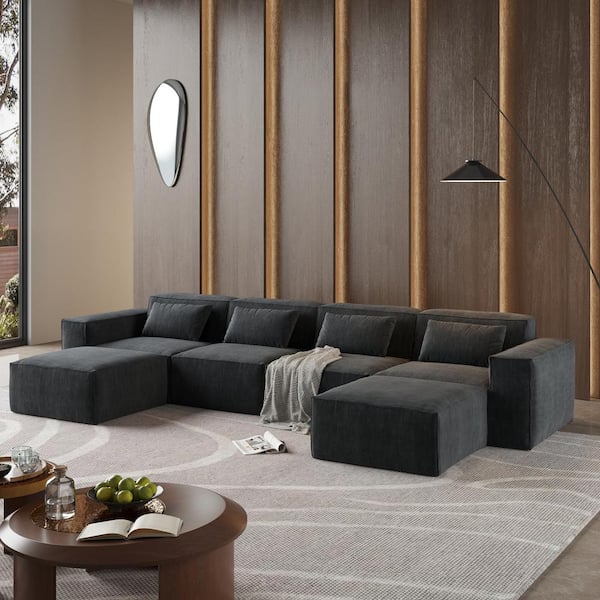 J&E Home 110 in. Square Arm 6-piece Modular U Shaped Luxury Chenille ...