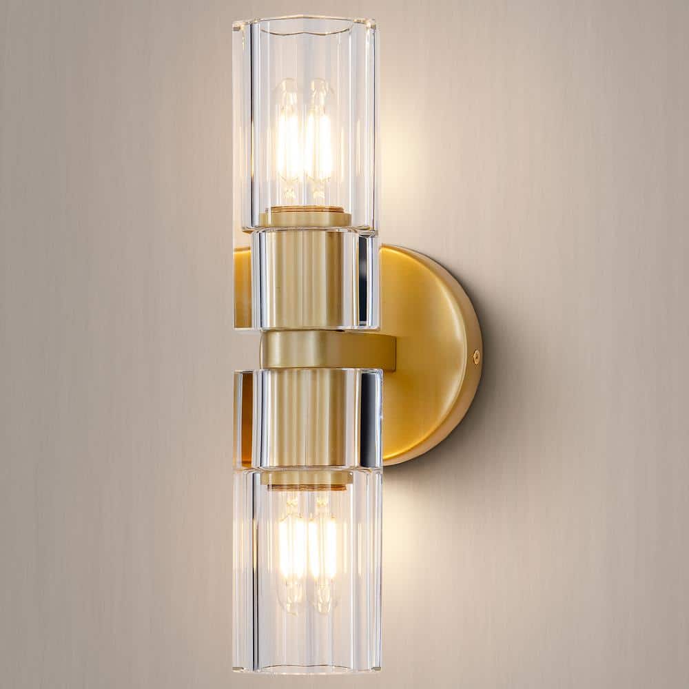 YUYI 13 in. 2 Light Gold Wall Sconce with K9 Crystal Lampshade, Luxury ...