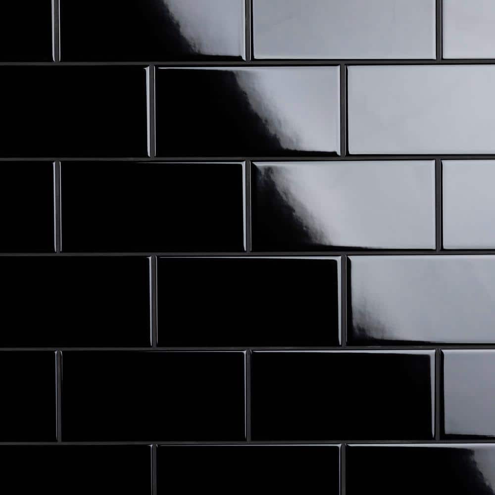 Merola Tile Crown Heights Glossy Black 3 in. x 6 in. Ceramic Wall Tile ...