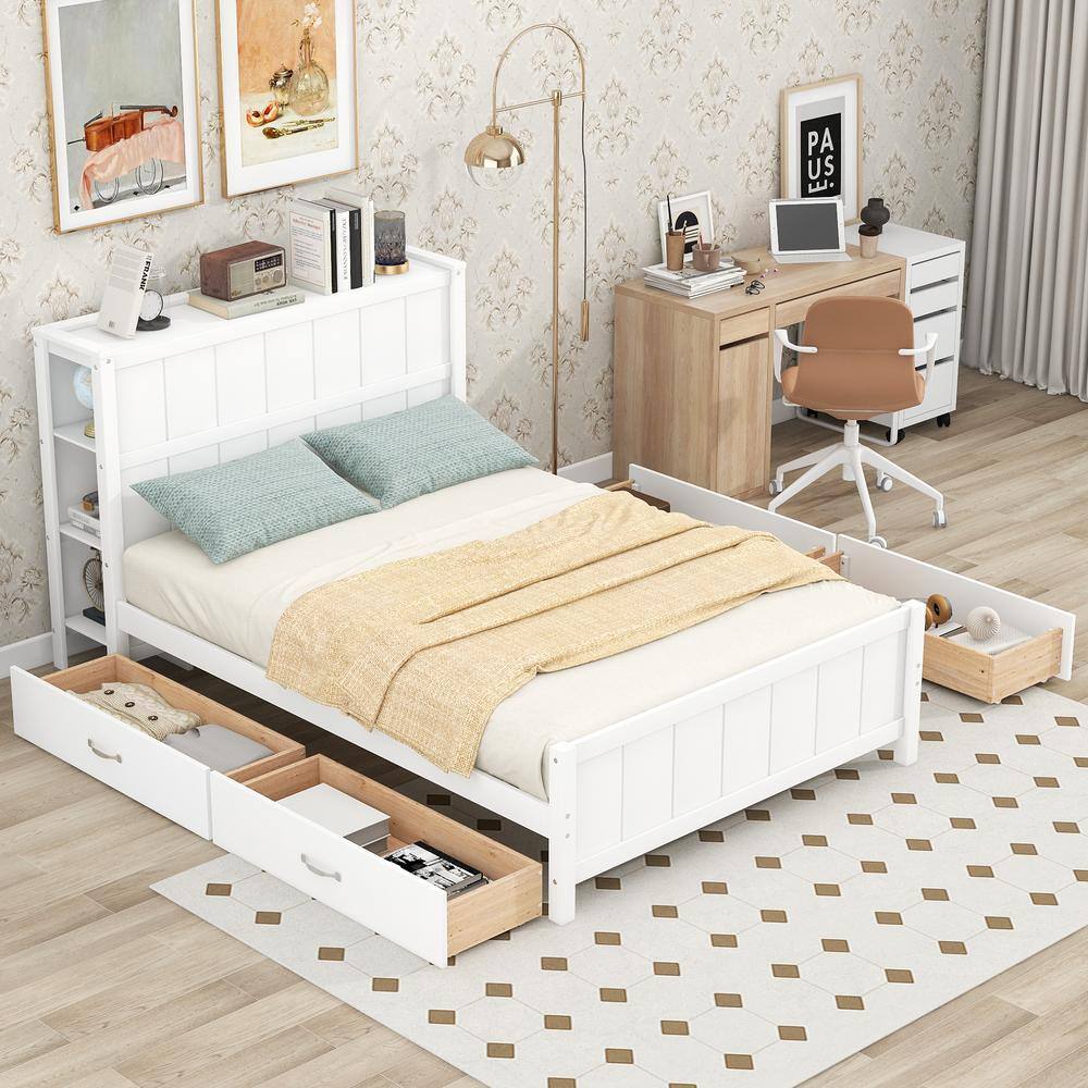 Harper & Bright Designs White Wood Frame Full Size Platform Bed with 4 ...