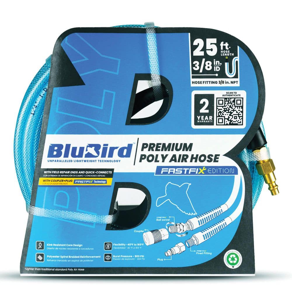 BLUBIRD 3/8 in. x 25 ft. Polyurethane Air Hose with FastFix Fittings ...