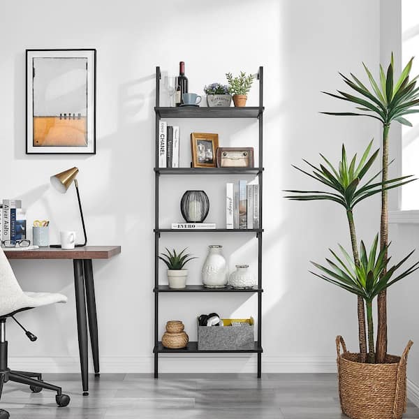 DANYA B Everett 68.5 in. W x 23.62 in. D x 9.88 in. 5 Tier Open Display Modern Ladder Decorative Wall Shelf Black Black GH22085BK The Home Depot