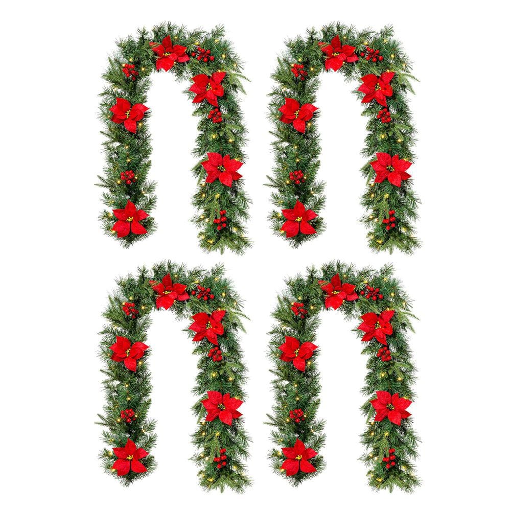 Glitzhome 6 ft. Pre-Lit Greenery Pine Red Poinsettia and Berries ...