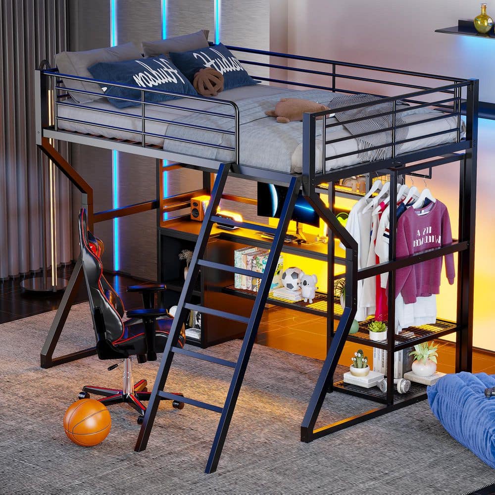 Qualler Black Full Size Metal Loft Bed with Built-in Work Station, LED and Multiple Storage ...