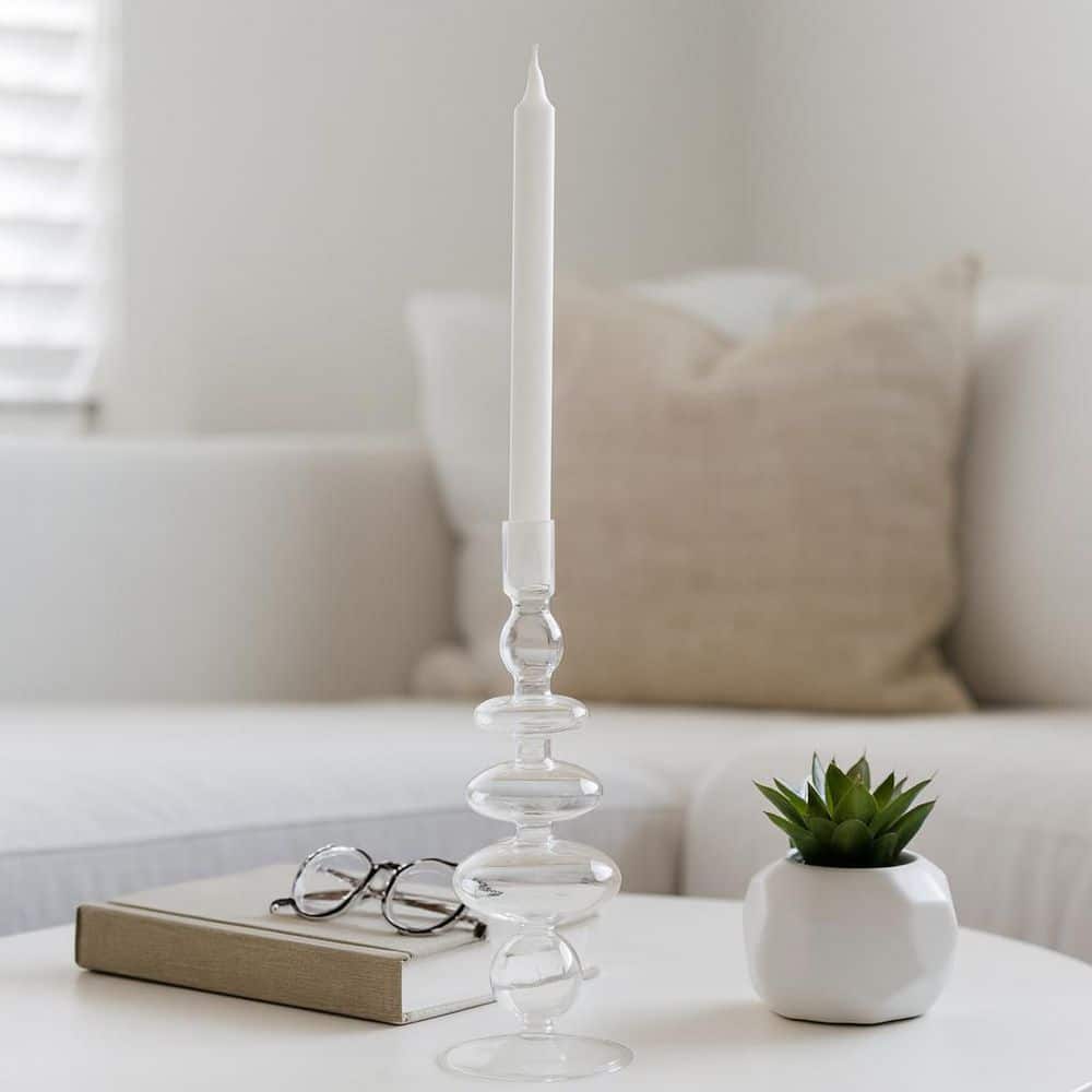 Liv & Skye Clear/Frost 11 in. Vintage Glass Taper Candle Holder with ...
