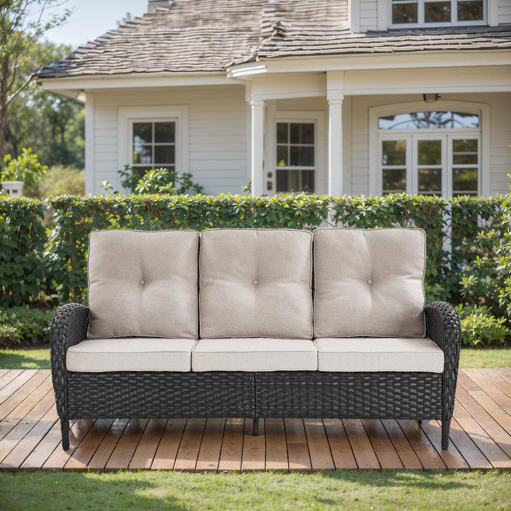 moosprr 3-Seat Black PE Wicker Outdoor Couch with Beige Cushions and Flat Armrests MS-KWBL13-2S ...