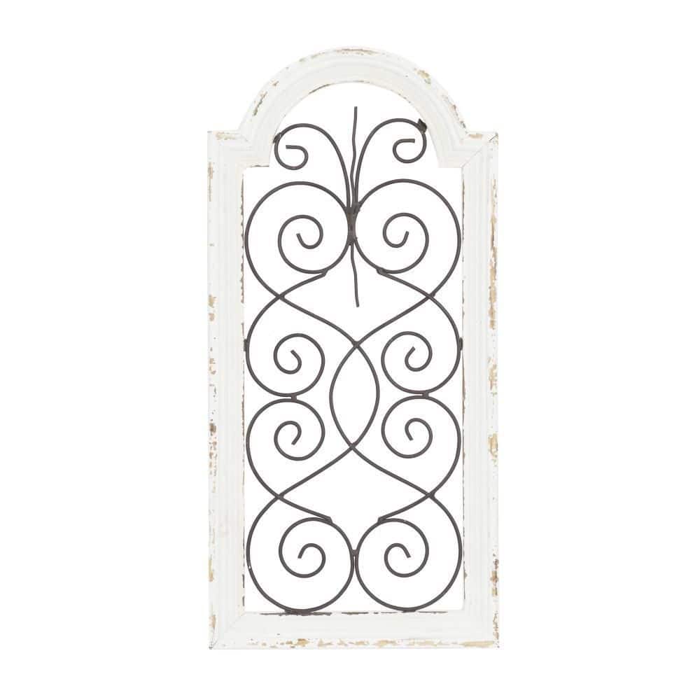 Litton Lane 10 in. x 20 in. Wood White Arched Window Inspired Scroll ...