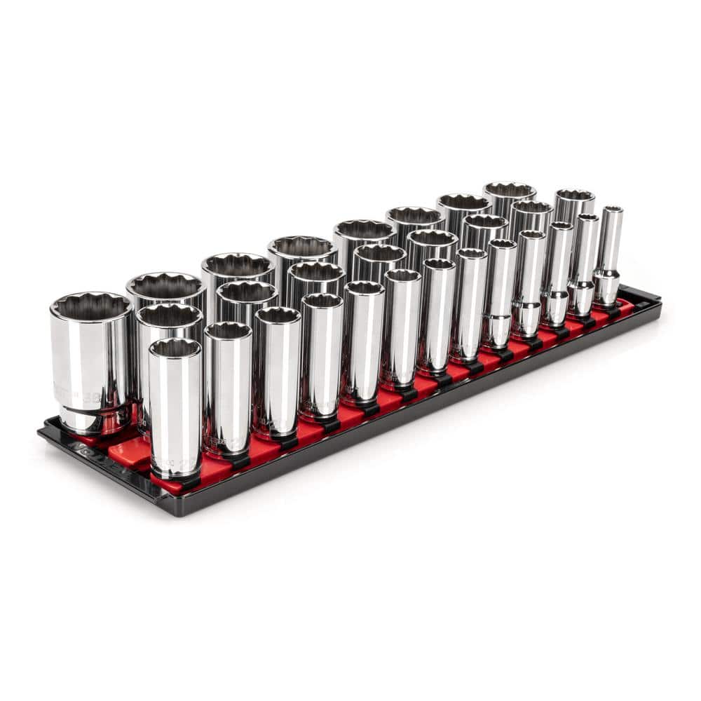 TEKTON 1/2 in. Drive Deep 12-Point Socket Set with Rails (10-38 mm) (29 ...