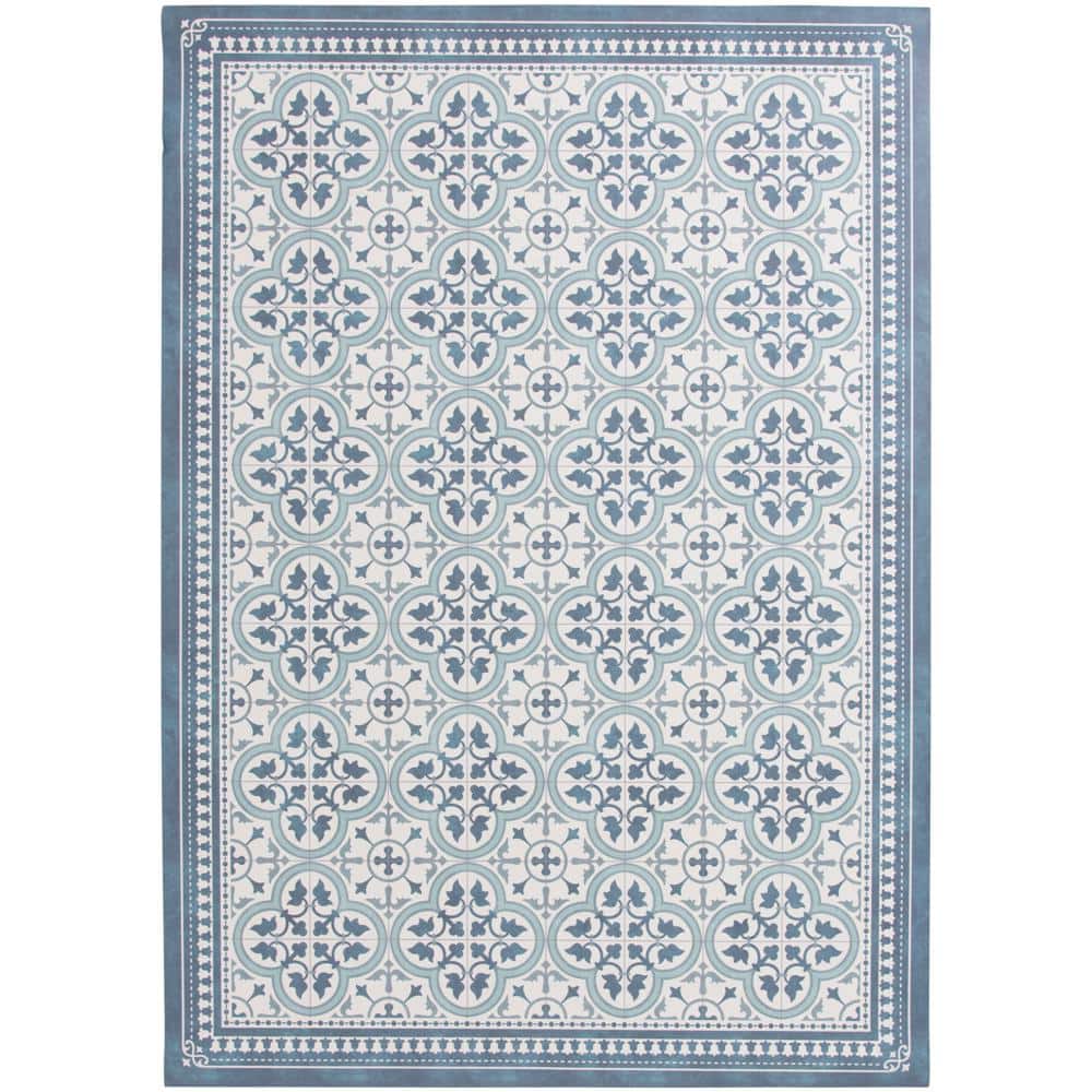 StyleWell Mediterranean Tile Ivory/Teal 6 ft. x 9 ft. Vinyl Area Rug ...