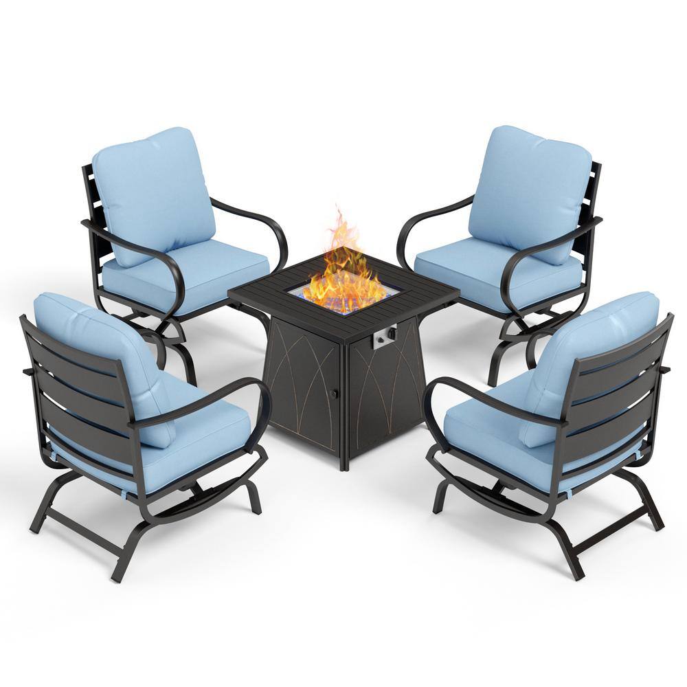 PHI VILLA 4 Seat 5-Piece Metal Outdoor Fire Pit Patio Set with Blue ...