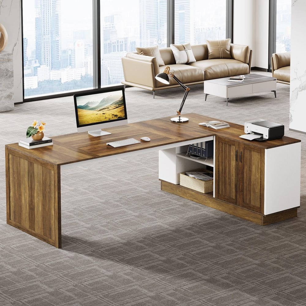 BYBLIGHT Lanita 79 in. L Shaped Brown and White MDF Executive Computer ...