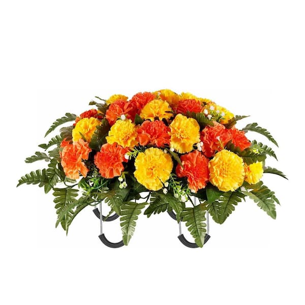6 in. Orange Indoor Artificial Mixed Flowers Headstone Flowers ...