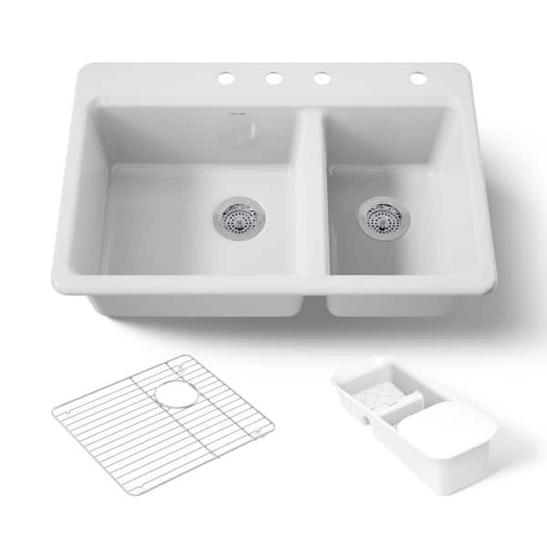 Kingston Brass Towne 33 in. Drop-In Single Bowl Cast Iron Sink with 4 ...