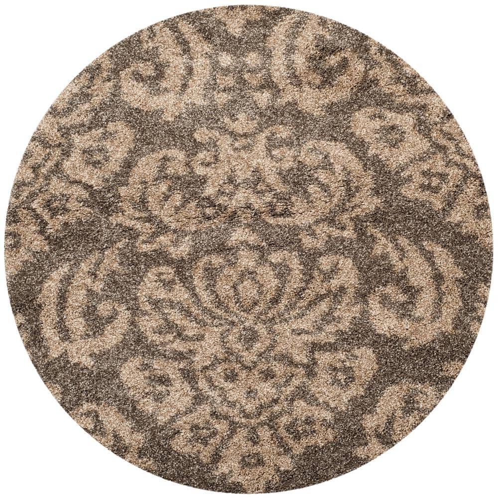 SAFAVIEH Florida Shag Smoke/Beige 4 ft. x 4 ft. Round Medallion Floral ...
