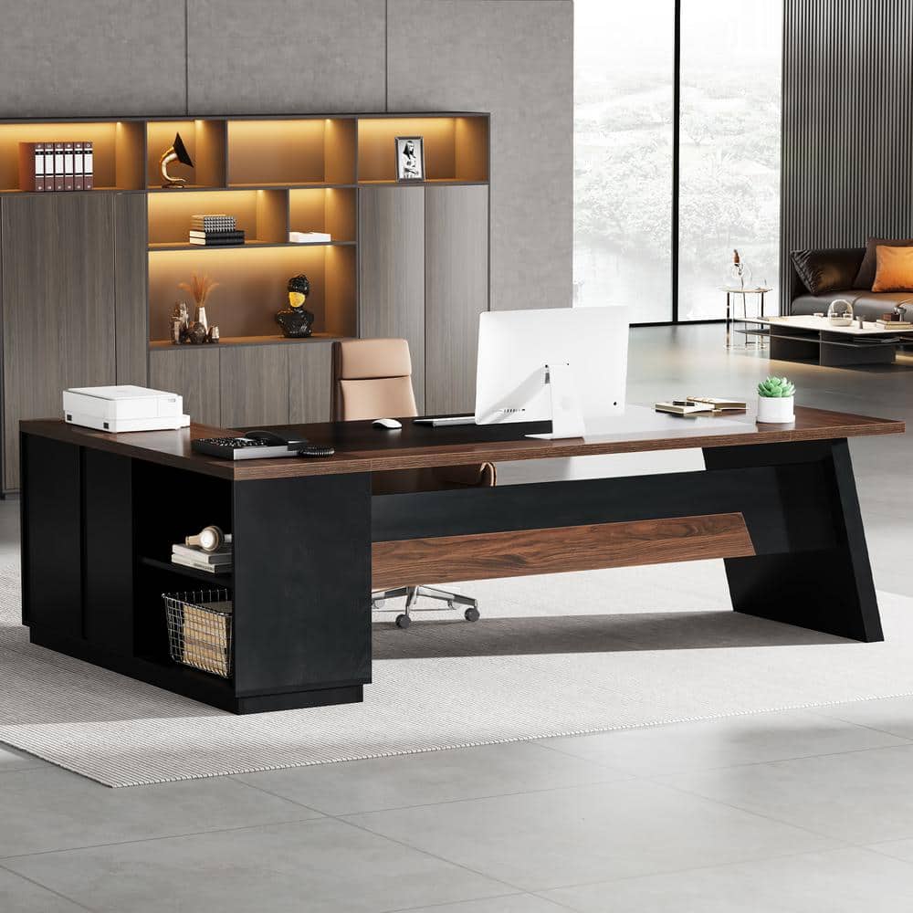 BYBLIGHT Capen 78.7 in. L Shaped Walnut Wood Executive Desk with 3 ...
