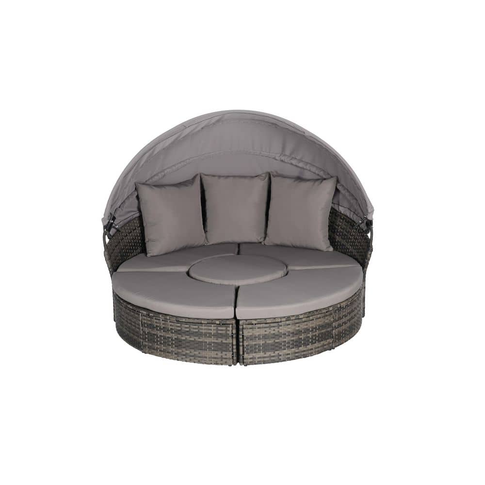 Sudzendf Gray Wicker Outdoor Patio Round Day Bed with Dark Gray ...