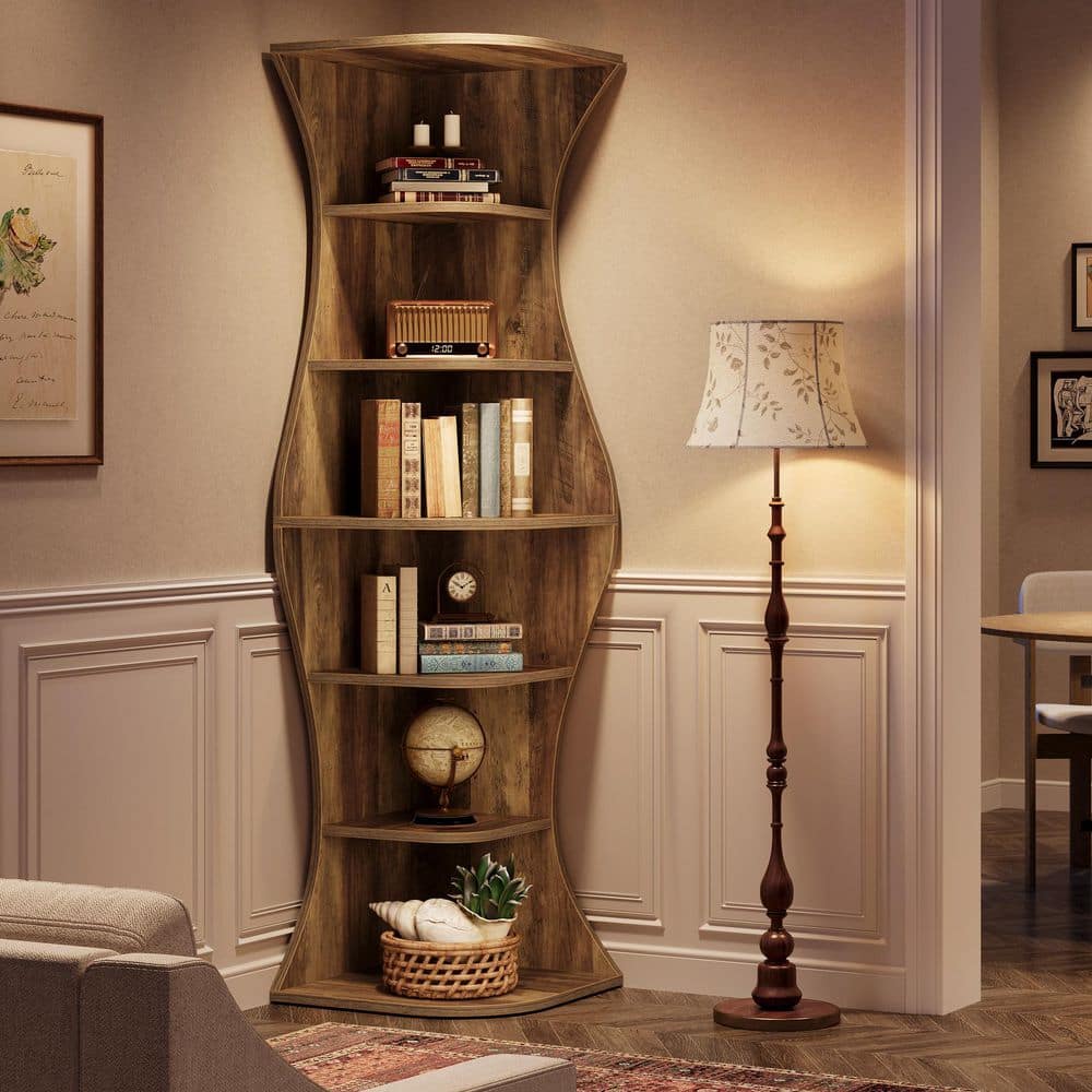 BYBLIGHT Eulas 73.2 in. Tall Brown Wood 6-Shelf Standard Bookcase ...