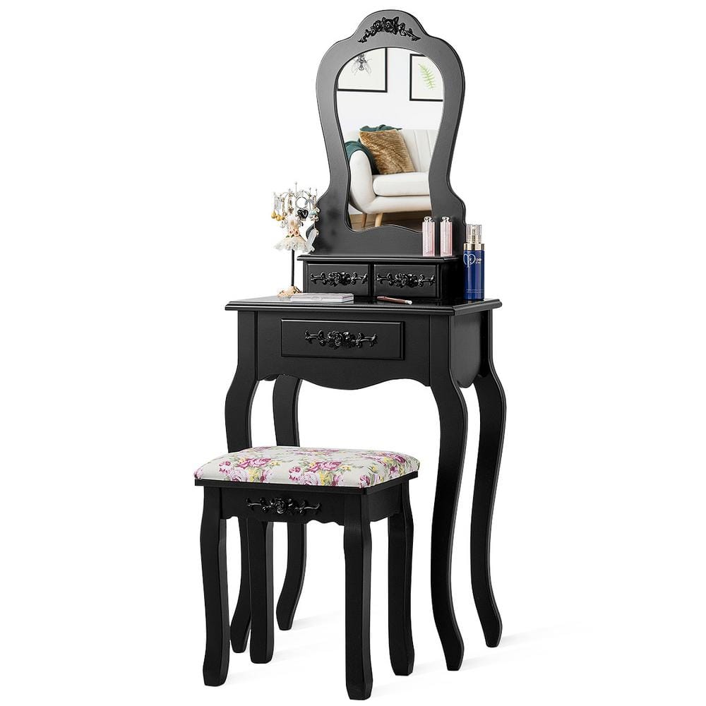 Costway Black Vanity Wood Makeup Dressing Table Stool Set Jewelry Desk ...