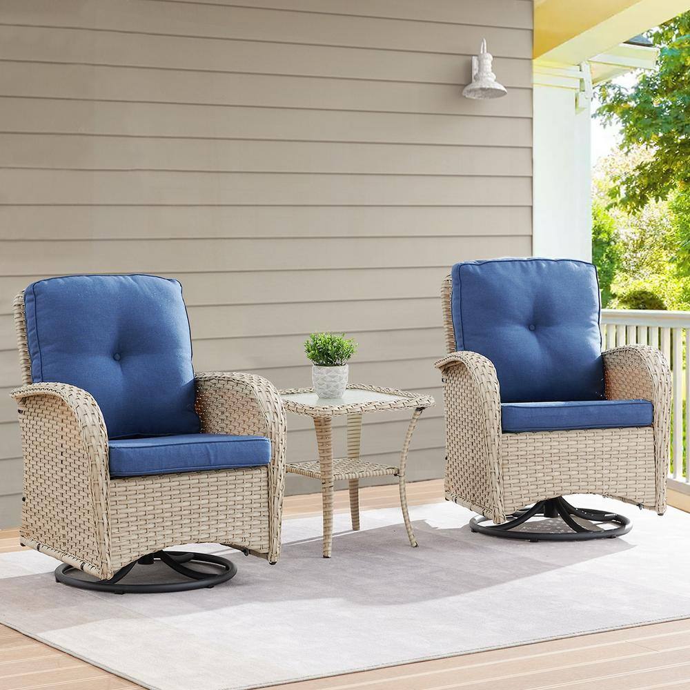 Gymojoy Carlos Grey 3-Piece Wicker Patio Conversation Set with Blue ...