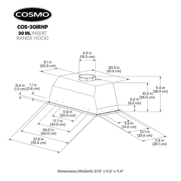 Cosmo 30 in. Lumin Collection 380 CFM Ducted Insert Range Hood, Button ...