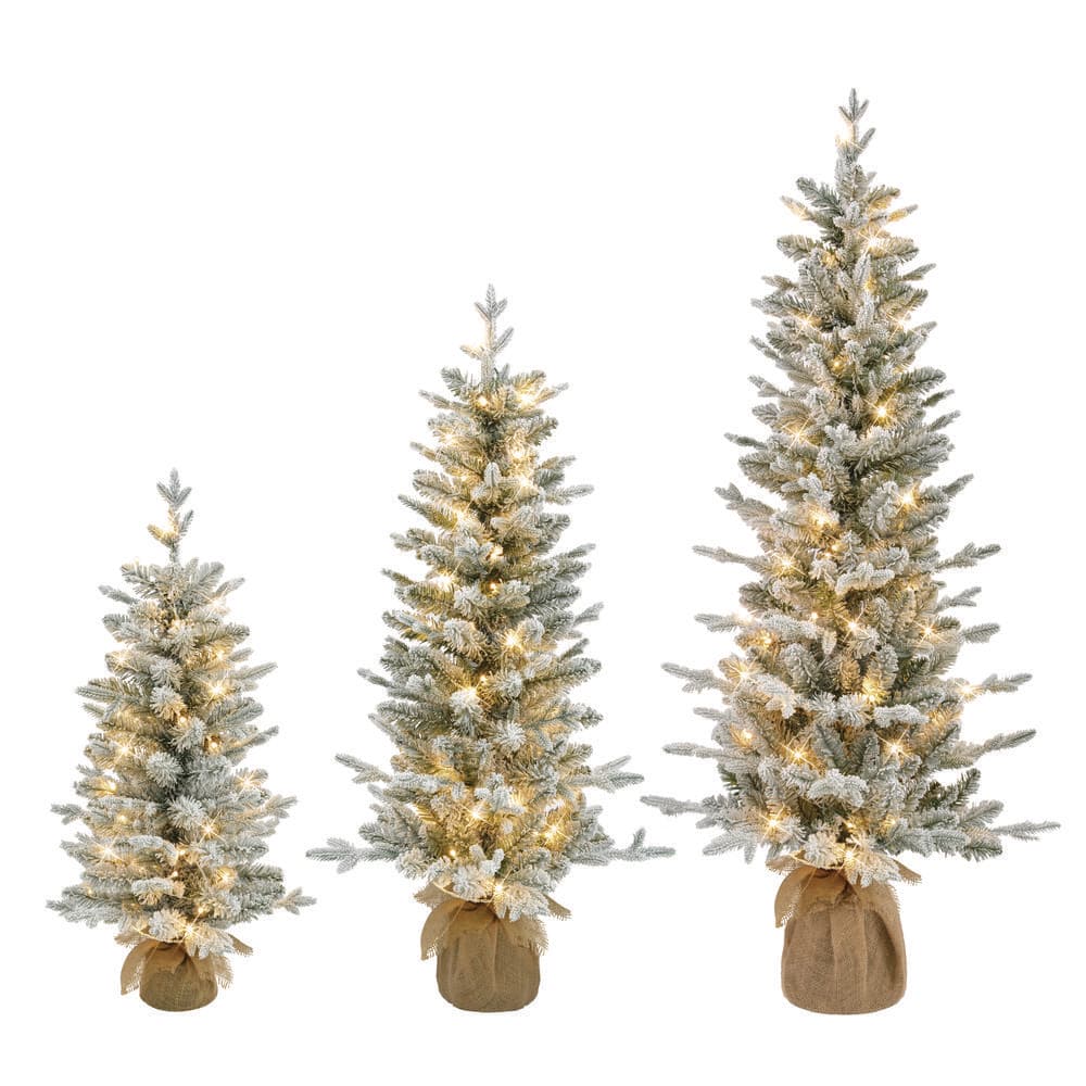 Puleo International Set of 3 Flocked Spruce Artificial Christmas Trees ...