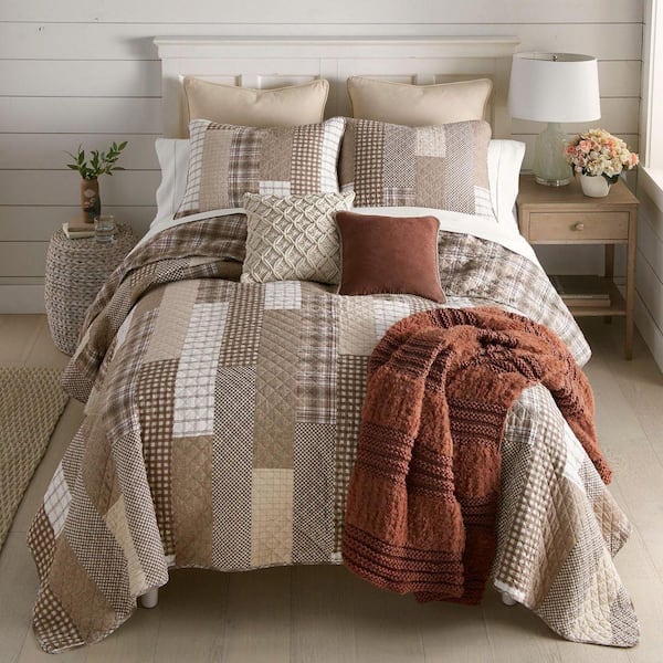 DONNA SHARP Highland Plaid 3PC Beige and White King Cotton Quilt Set ...