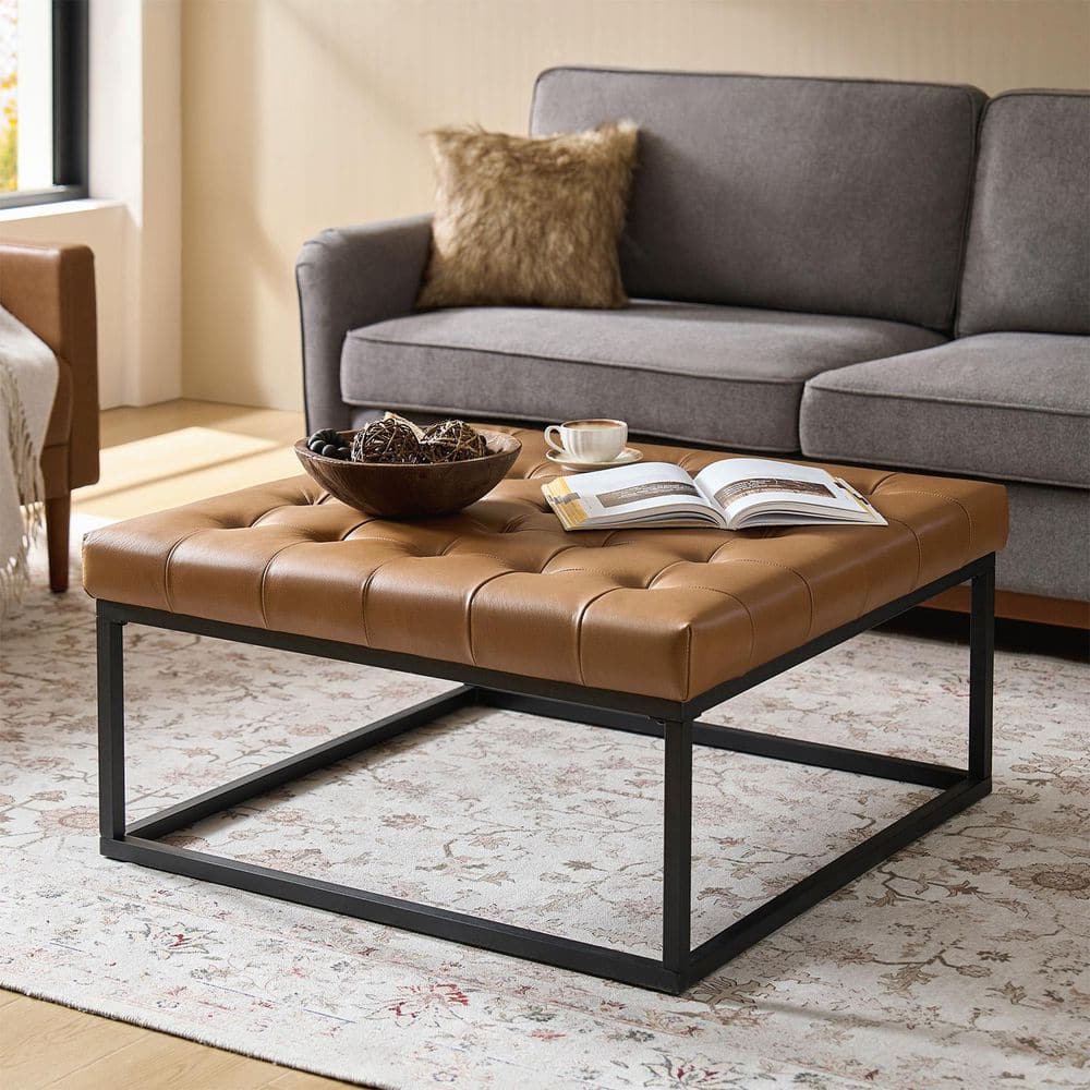 JAYDEN CREATION Ebrar Camel Genuine Leather Square Accent Medium 36 in. Ottoman ZOTXH0495-CML ...