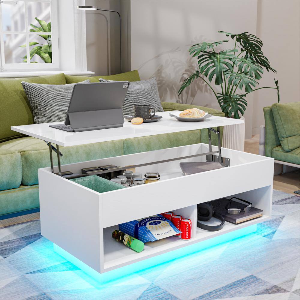 WOODYHOME 40.16 in. White Rectangle Wood Lift Top Coffee Table with RGB ...