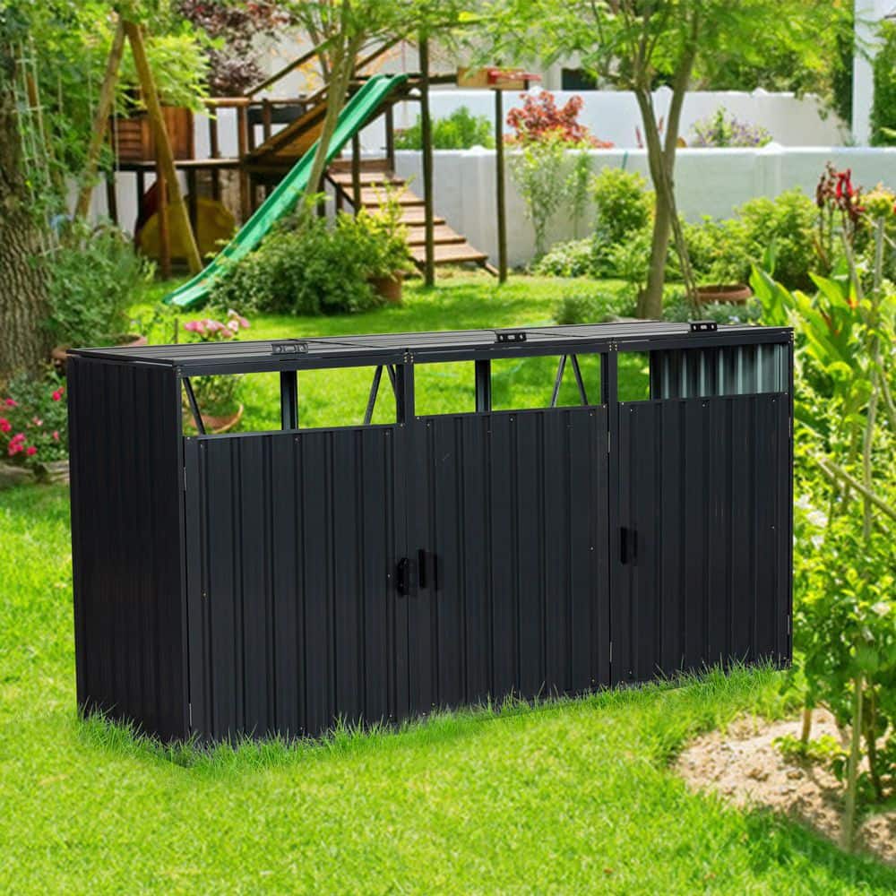 94.48 in. W x 31.49 in. D x 48.03 in. H Black Steel Trash Can Storage ...