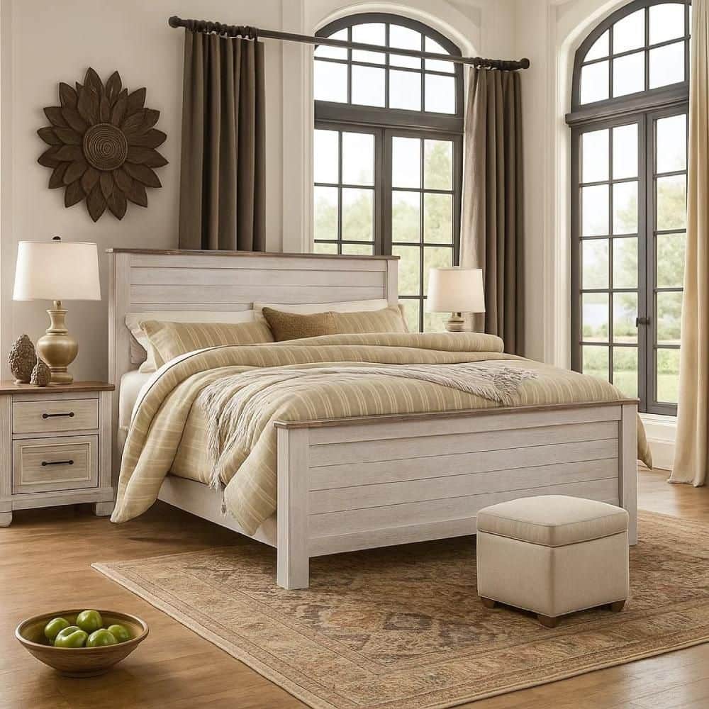 Benjara Isla White Wood Frame King Size Panel Bed with Block Pattern ...
